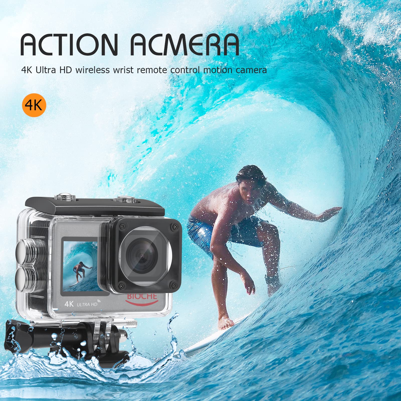 BIOCHE 4K60FPS WiFi Dual Screen Action Camera 20MP with Touch Screen,EIS,170 Angle Wide,30m Waterproof with 4X Zoom,Remote Control Sports Camera with 2 Batteris and Accessories Kit