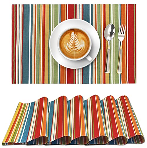 Ruvanti Placemats 100% Cotton 13x19 Inch, Dining Table Placemats Set of 6, Modern Place Mats for Dining Table Decor, Kitchen & Table Linens, Coffee Mat for Christmas Dinners β Multi Stripe