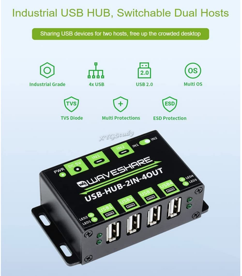 Industrial Grade USB HUB, Extending 4X USB 2.0 Ports, Switchable Dual Hosts @XYGStudy (USB-HUB-2IN-4OUT)
