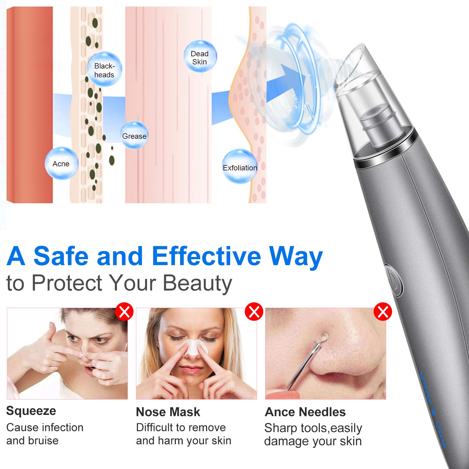 Blackhead Remover Vacuum Pore Cleaner, Alin&Alan Electric Blackhead Vacuum Suction Devices, USB Rechargeable Acne Comedone Extractor Tool Kit (Grey)