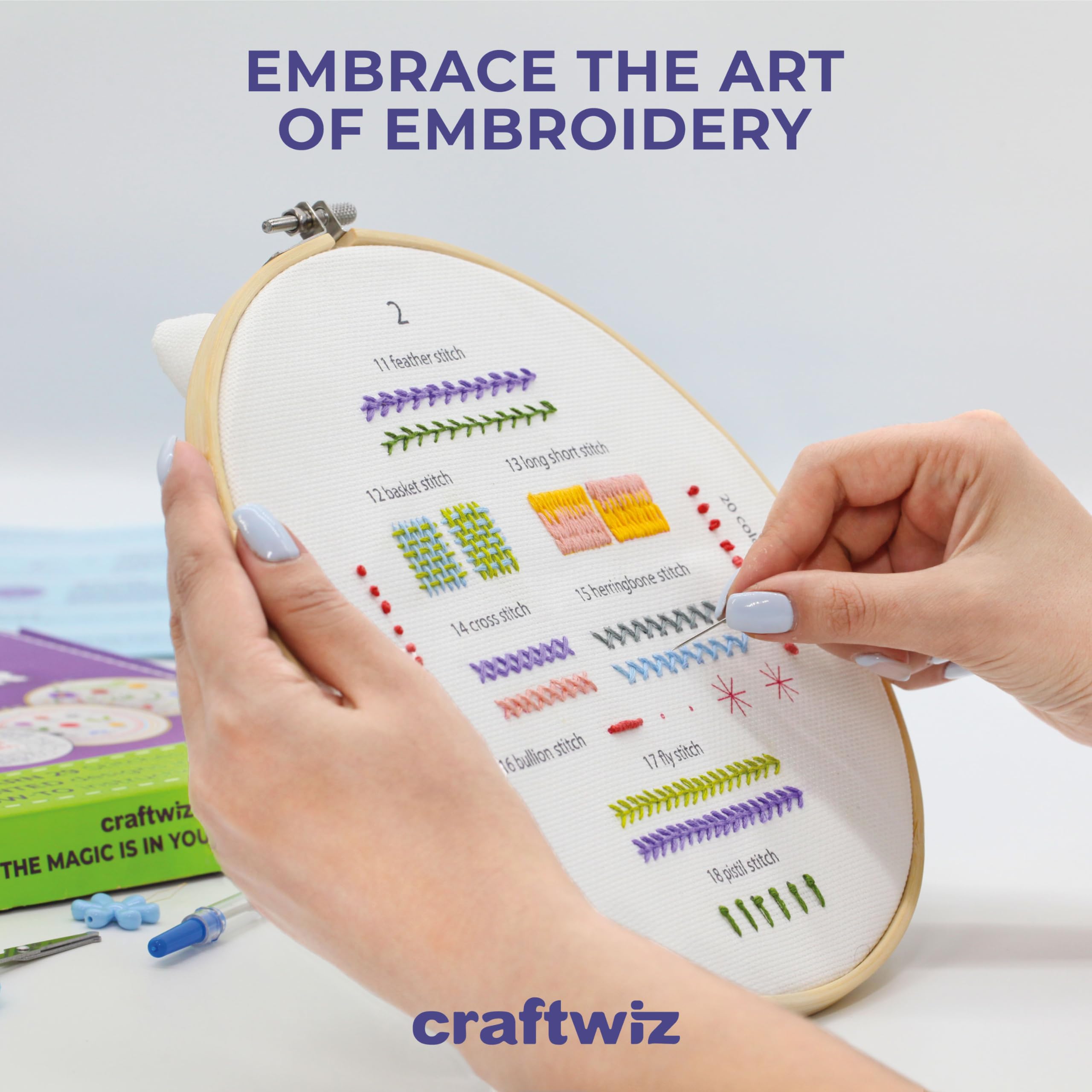 Craftwiz 4 Set Starter Embroidery Kit for Beginners Adults and Teens with Simple Embroidery Patterns, Beginner Embroidery Kit for Adults, Learn to Embroider 29 Stitches with Hand Embroidery Kit