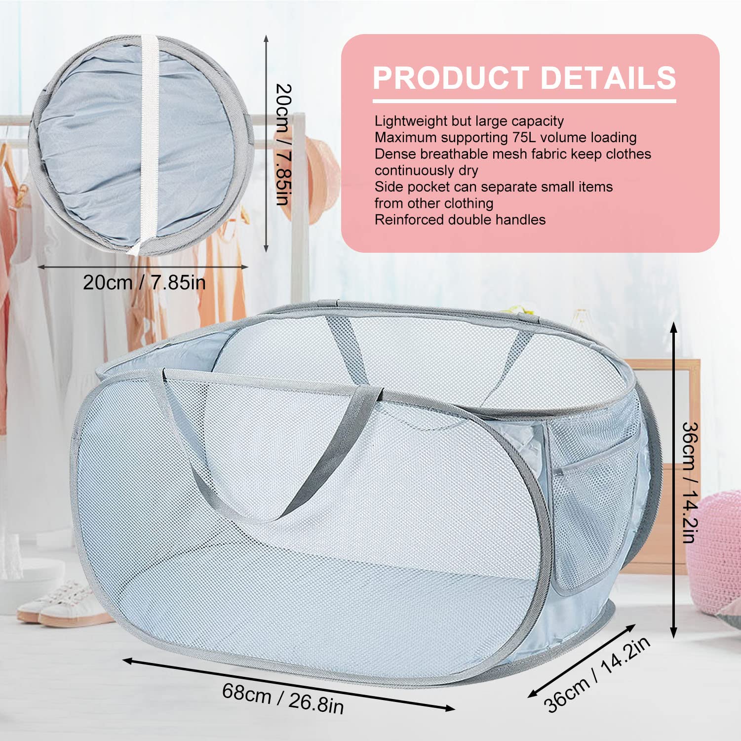 BYETIVE 2 PCS Mesh Laundry Hamper,Collapsible Laundry Baskets,75L Large Foldable Dirty Laundry Clothes Hamper Storage Basket Horizontal with Side Pocket&carry Handle for Home,Laundry,Travel grey