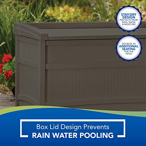 Suncast 50-Gallon Medium Deck Box - Lightweight Resin Indoor/Outdoor Storage Container and Seat for Patio Cushions and Gardening Tools - Store Items on Patio, Garage, Yard - Java