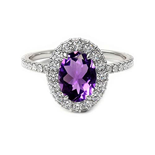 CaratYogi Natural-Amethyst 925 Sterling Silver Halo Design Ring Oval-Cut Wedding Engagement Ring Handmade Fashion Jewelry for Women Available in Size 8