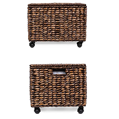 BIRDROCK HOME Rolling File Cabinet with Lid | Small Wooden Under Desk Organizer | Seagrass Basket with Wheels | Portable Home Office Filing System - Mini Decorative Box, Single Drawer, Brown Wash