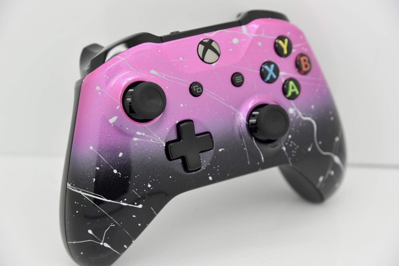 Hand Airbrushed Fade Xbox One Custom Controller Compatible with Xbox One (Pink & Black Fade W/Silver Splatter)