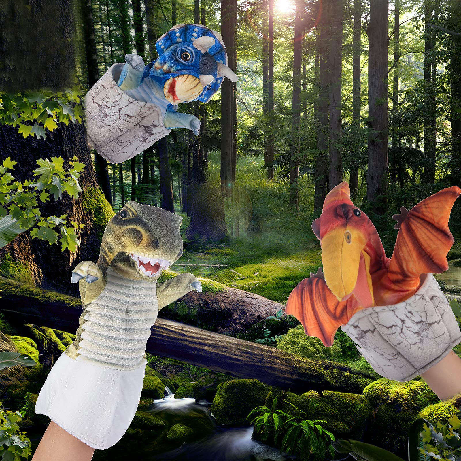 My OLi 9.5”Plush Dinosaur Hand Puppet Bundle 3 Pack of Stuffed Dinosaur with Egg for Creative Role Play Gift for Kids Toddlers Birthday Party Favor Supplies,Imaginative Play