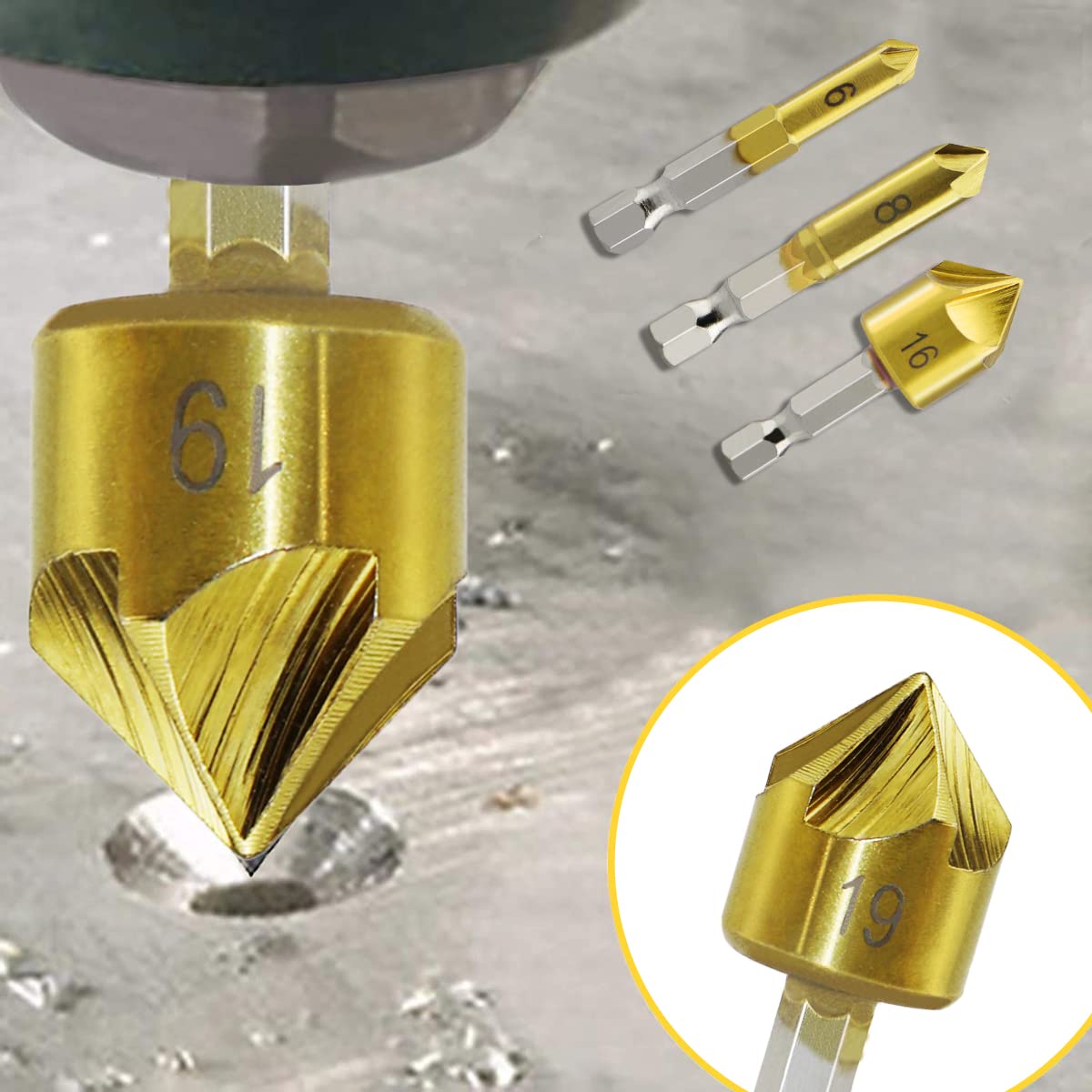 Countersink Drill Bit Set 6 Pcs 5 Flute Counter Sinker Drill Bits and 90 Degree Center Punch Tools HSS 1/4" Hex Shank for Wood Metal Quick Change 6-19mm (7)