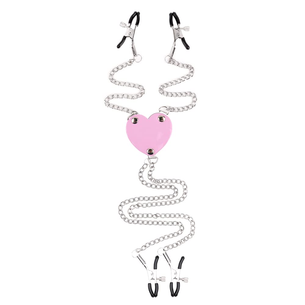 Bluebay Leather 4 Pieces Head Nipple Clamps with Chain Adjustable Non-Piercing Metal Body Chian (Heart Pink)
