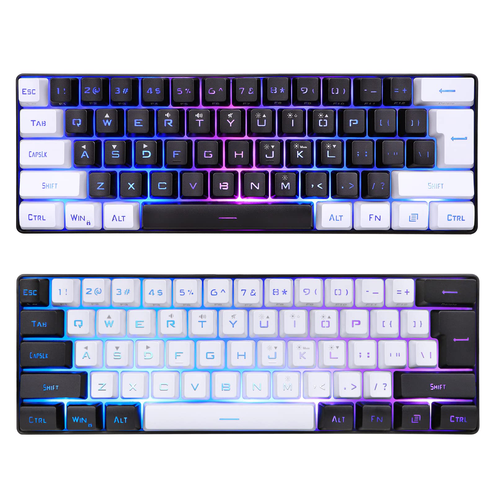 CTBTBESE 60% Wired Gaming Keyboard, RGB Backlit Mechanical Feeling Keyboard, Ultra-Compact Mini Waterproof Keyboard for PC Computer Gamer White and Black (Black and White)