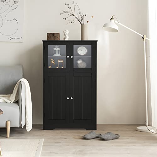 Iwell Bathroom Cabinet, Linen Storage Cabinet with Glass Doors & Adjustble Shelf, Bathroom Floor Cabinet, Cupboard for Living Room, Office, Enterway, Black