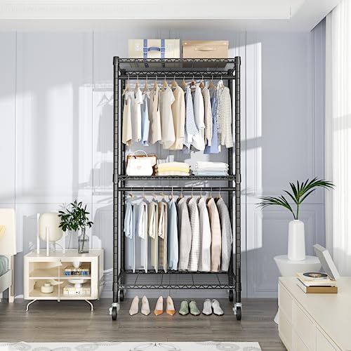 FUTASSI Portable Closets, Heavy-Duty Garment Rack with Shelves and Hanger Rods, Rolling Freestanding Wardrobe System, Clothes Organizers and Storage with 2 Lockable Casters, 30"W x 14"D x 76"H, Black