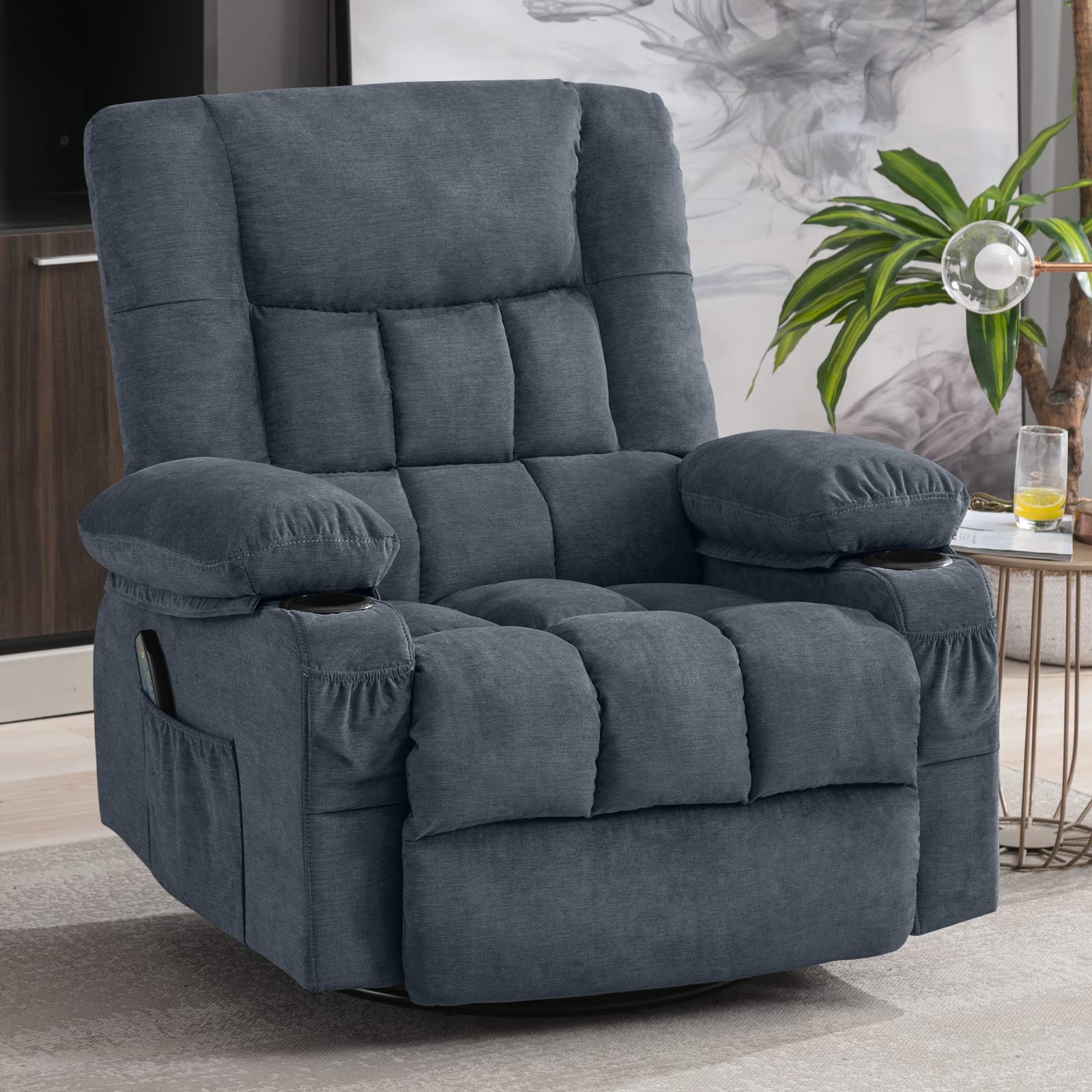 BOSMILLER Massage Swivel Rocker Recliner Chair with Vibration and Heat Ergonomic Lounge for Living Room Rocking Function Side Pocket, 2 Cup Holders, USB Charge Port, Blue