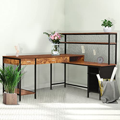 HEAO L-Shaped Desk with 2 Drawers and Cabinet, Industrial Style Home Office Desk W/Storage Shelves,Corner Desk Double Computer Table Space-Saving (Light Brown)