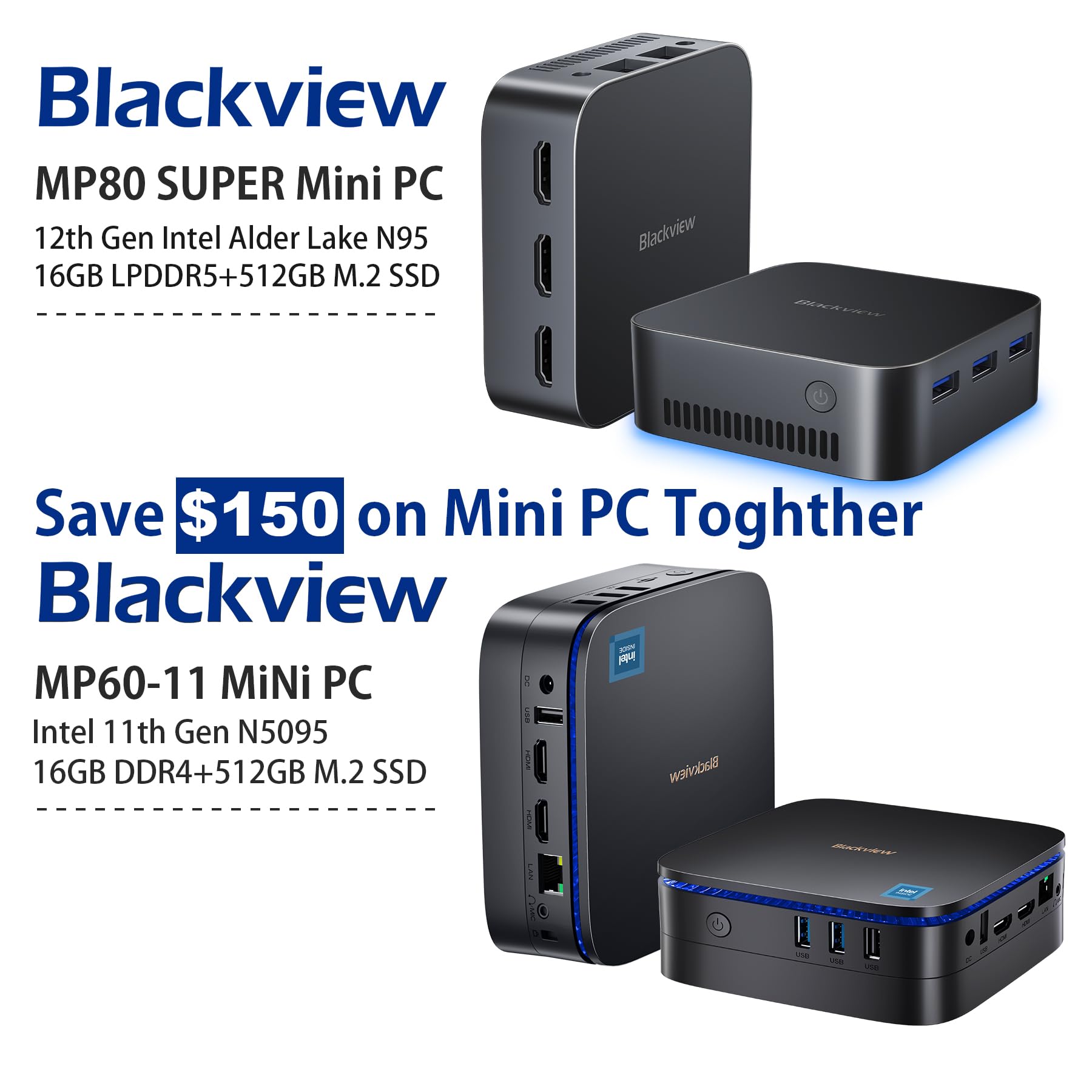 Blackview MP80 Mini PC Intel 12th N95(up to 3.4GHz) MP60 Mini PC Windows 11 Pro 16GB DDR4 RAM 512GB M.2 SSD