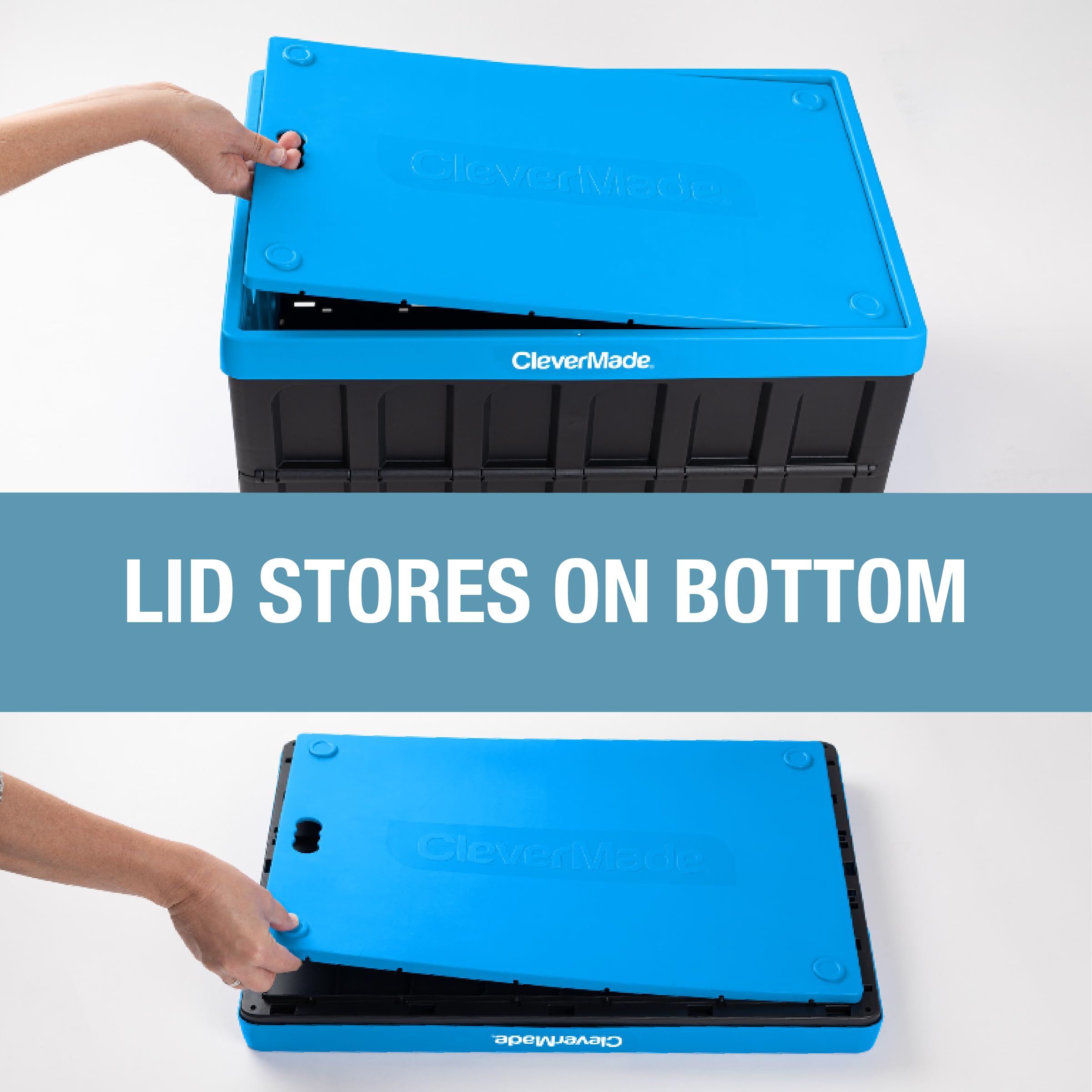 CleverMade Collapsible Storage Bin (With Lid), Obsidian, 3PK - 46L (12 Gal) Folding Plastic Stackable Utility Crates, Holds 75lbs Per Bin - Solid Wall CleverCrates for Organizing, Storage, Moving