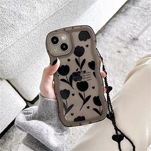 Fycyko Compatible for iPhone 14 Pro Max Case with Cute Simplicity Black Flowers Pattern Design Women Teen Girls Lens Protection Case for iPhone 14 Pro Max +Black Heart Chain