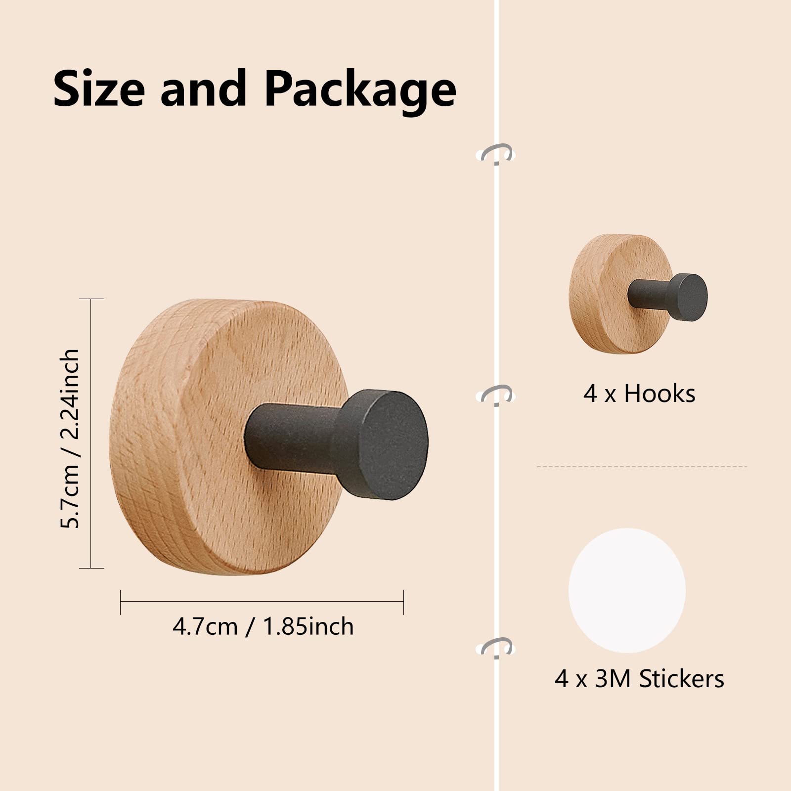 Funnytek Adhesive Wood Coat Hooks - 4 Pack Beech Wood Wall Hooks Natural Rustproof Coat Rack Adhesive Hooks for Wall, Towel Hooks for Hanging Coats, Hats, Bags, Keys (Style C)