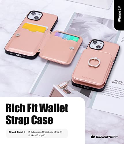 GOOSPERY Rich-Fit iPhone 14 Crossbody Wallet Case for iPhone 14 Case [Strap Included] with Card Holder Lanyard Magnetic Clasp [Kickstand Ring] Heavy Duty Protection, Rose Gold