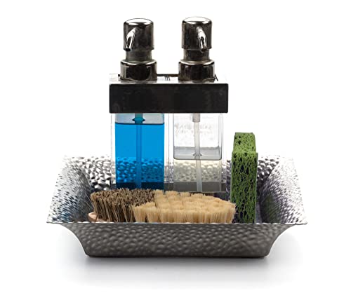 RSVP International Endurance Collection Stainless Steel Kitchen Counter Decor, Sponge & Dish Soap Sink Protector Tray/Holder, Dishwasher Safe, 8.25" Square, Embossed Matte Silver