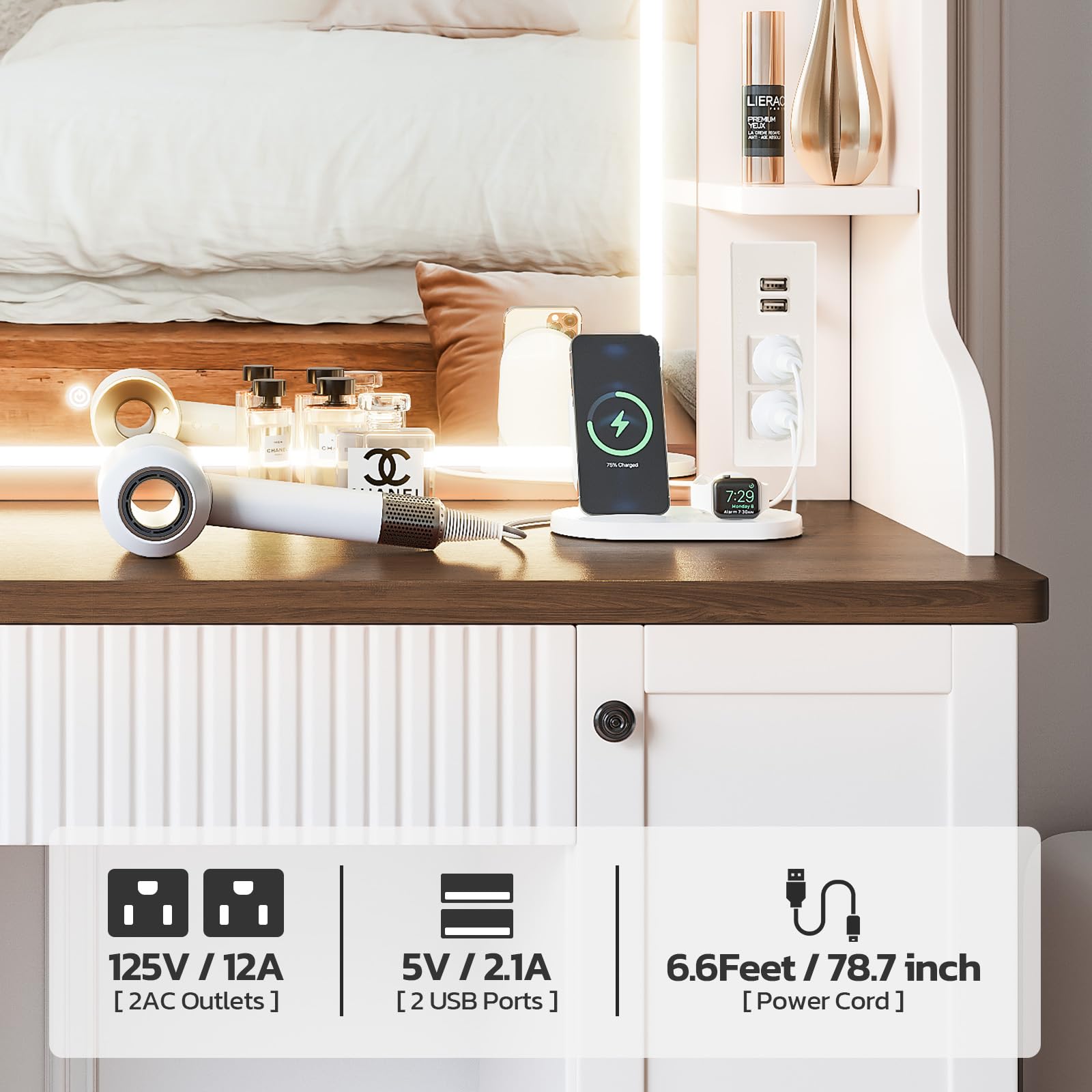 Dripex Makeup Vanity Desk with Mirror and Lights LED Makeup Table with Drawer, Cabinets, Power Strip, for Bedroom Dressing Table - White