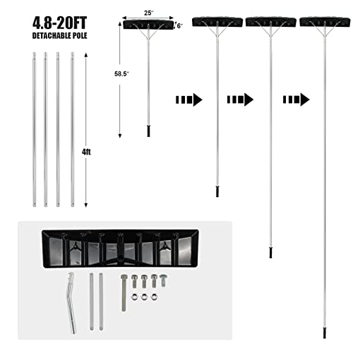 Goplus Snow Roof Rake, Extendable 4.8-20FT Snow Shovel for Snow Removal w/ Aluminum Frame & Anti-Slip Handle, Ideal for Roof Car, 25-Inch Blade