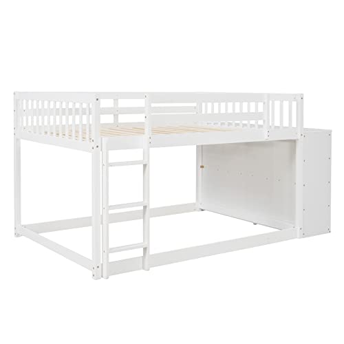 Full Over Full Bunk Bed with Storage Drawers and Shelves Wood Floor Bunk Beds with Cabinet for Kids Girls Boys, Teens, Adults, White
