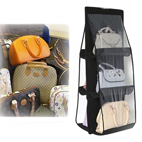 FOTTEPP Double-Sided Six-Layer Hanging Storage Bag, 6 Pocket Hanging Handbag Storage Bag, Double Sided Hanging Storage Bag, Non-Woven Hanging Bag Holding Bag (Black)