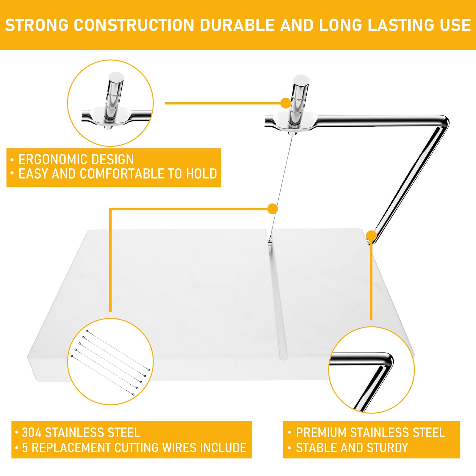 Cheese Slicer - Cheese Cutter with 5 Replacement Upgrade Thick Cutting Wires - Heavy Duty 5" x 8" Marble Board Cheese Slicer for Block Cheeses, Butter, Etc - Kitchen Gadget Cheese Slicer Tool - White
