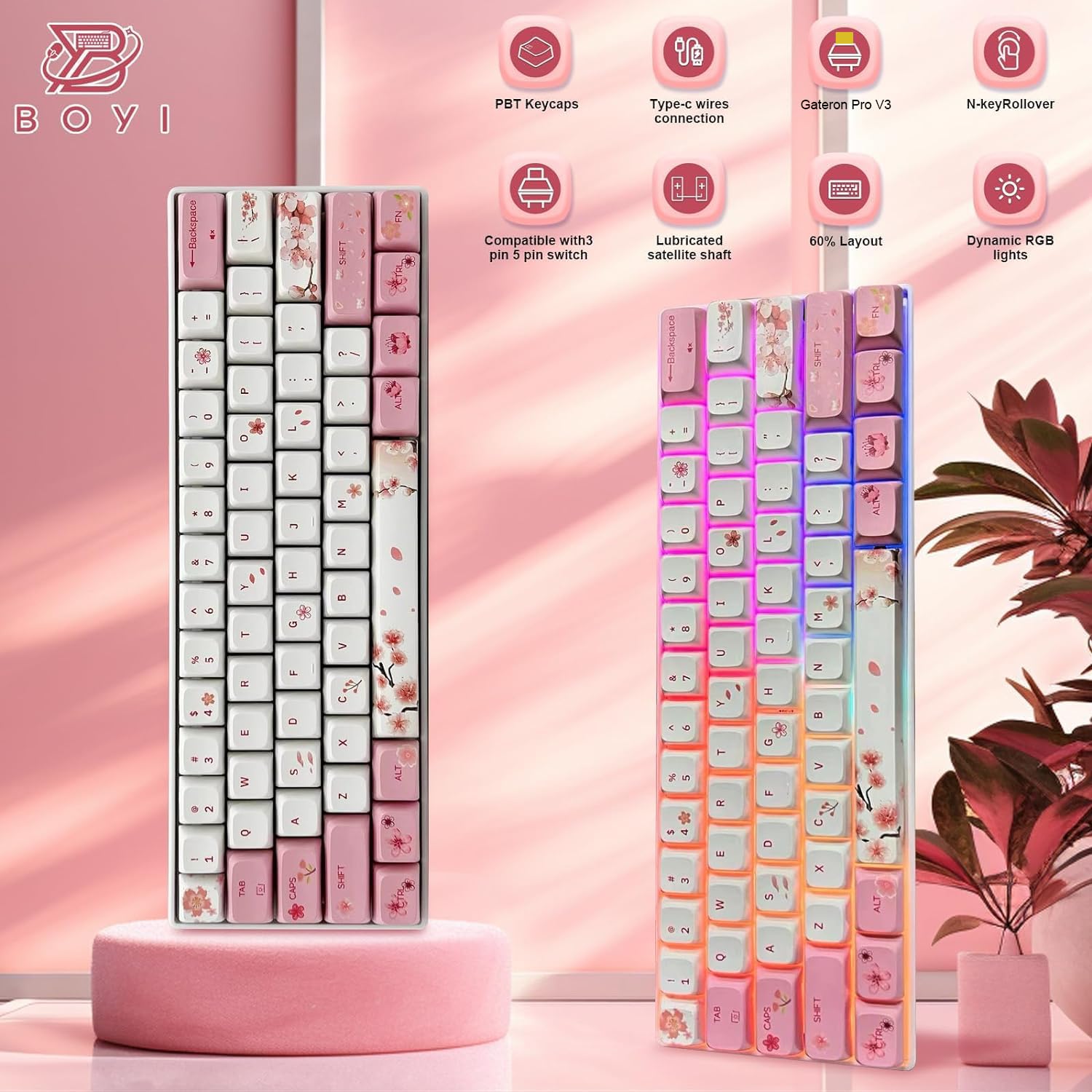 BOYI Wired 60% Mechanical Gaming Keyboard,Mini RGB Cherry MX Switch PBT Keycaps NKRO Programmable Type-C Keyboard for Gaming and Working (Cherry MX Blue Switch)