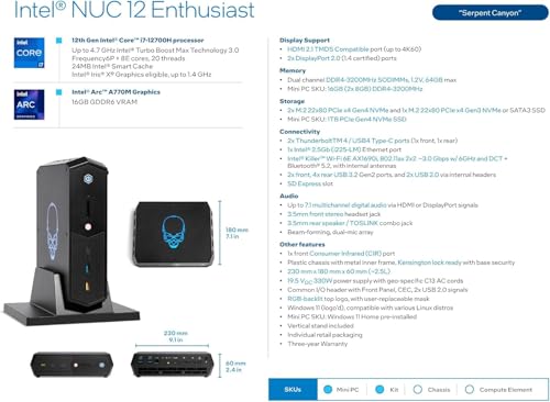 Intel NUC 12 Enthusiast NUC12SNKi7 Mini PC Core i7-12700H | 14 Cores/20 Threads | ARC A770 Graphics, Connectivity 6 USB-A, 2 USB-C, 1 HDMI, 2 Display Ports(Barebone)