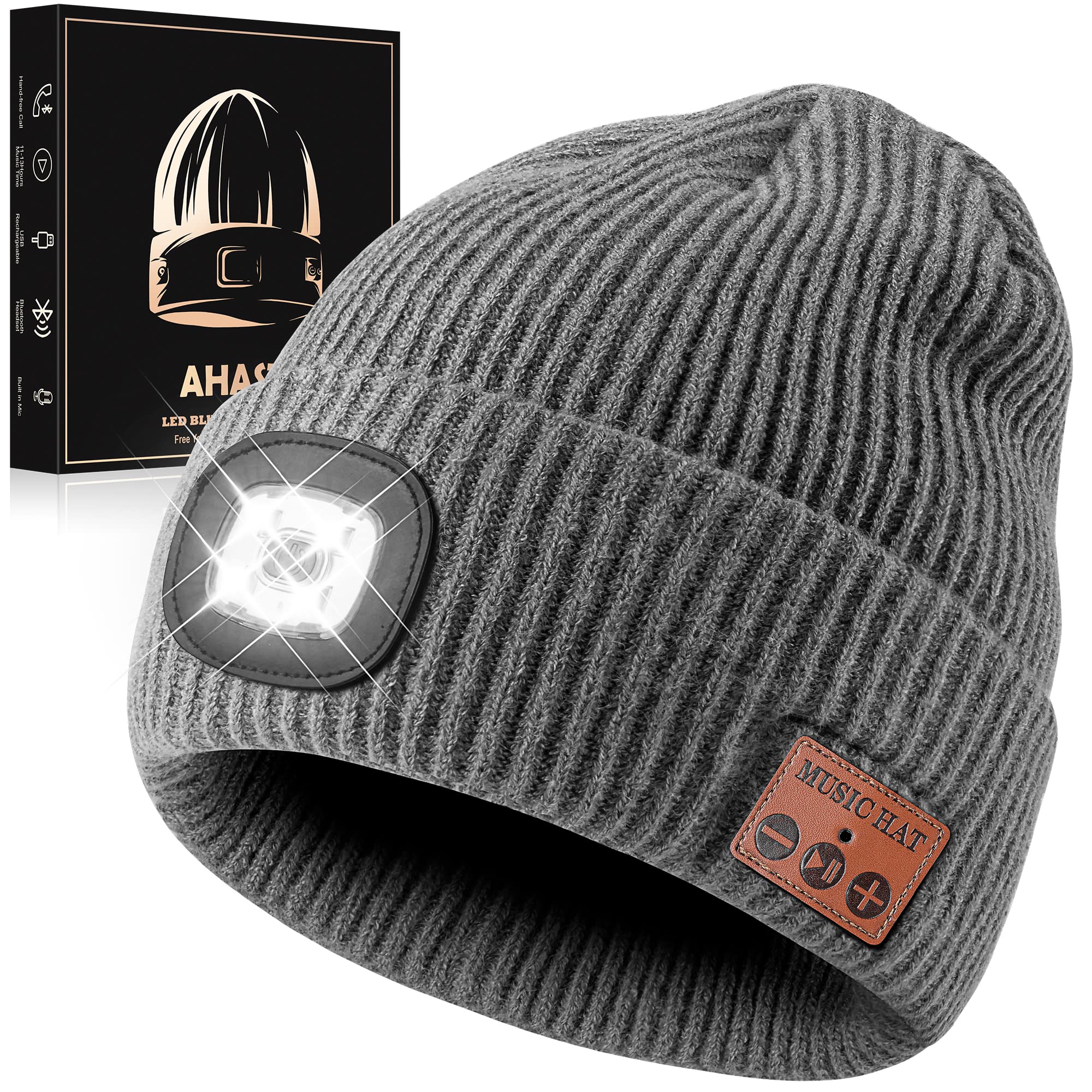 Bluetooth Beanie Hat with Light for Men, Rechargeable 4 Led Headlamp Cap Wireless Headphones, Unique Gifts for Men Dad Teen-Black