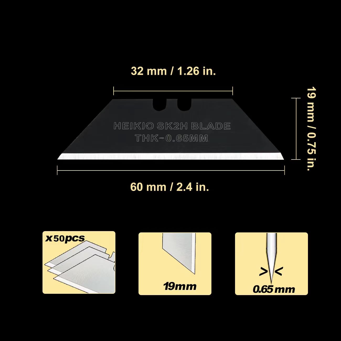 HEIKIO Utility Knife Blades, Pack of 50 Standard Replacement Blades for Heavy Duty Utility Knives and Box Cutters, Made of Black Carbon Steel, Thicker and Sharper than Normal Silver Blades