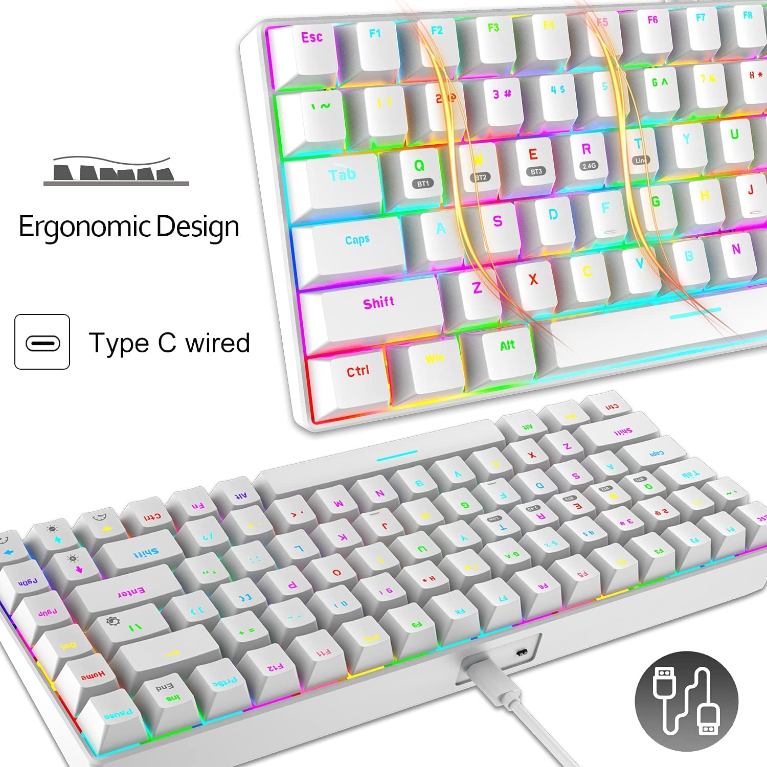 Bluetooth Mechanical Gaming Keyboard,Rainbow LED Backlit Bluetooth 5.0/Wireless 2.4G/Wired 84 Keys Mini Keyboard with Rechargeable 3000mAh Battery Brown Switches Type-C USB Receiver for PC Gamers