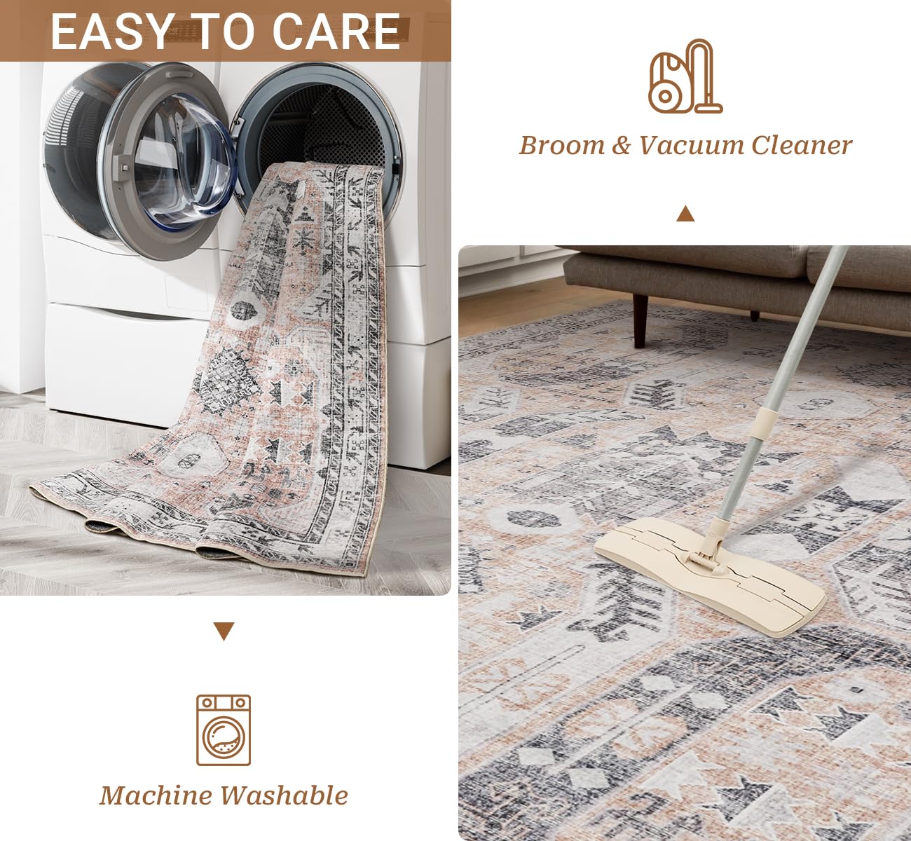 befbee Washable Rug 8x10 Area Rugs for Living Room - Stain Resistant Non-Slip Backing Rugs for Bedroom,Ultra-Thin Vintage Large Area Rug (Peach/Grey, 8'x10')