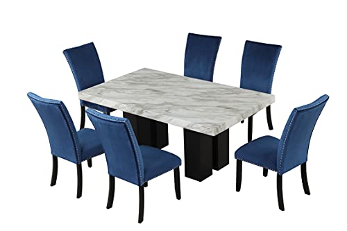 DEINPPA 7 Piece Kitchen Table Set with 1 Faux Marble Rectangular Table and Dining Chairs Set of 6 for Dining Room and Living Room (Blue)