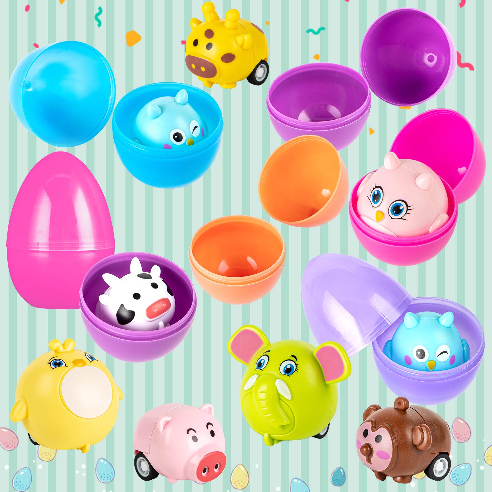 LovesTown 12 PCS Easter Eggs with Toys Inside, Easter Stuffed Eggs with Animal Pullback Toy Cars Surprise Eggs Easter Theme Party Favor for Easter Eggs Hunt Game Easter Basket Stuffer