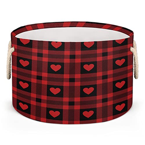 Red Love Heart Plaid Large Round Baskets for Storage Laundry Baskets with Handles Blanket Storage Basket for Bathroom Shelves Bins for Organizing Nursery Hamper Girl Boy