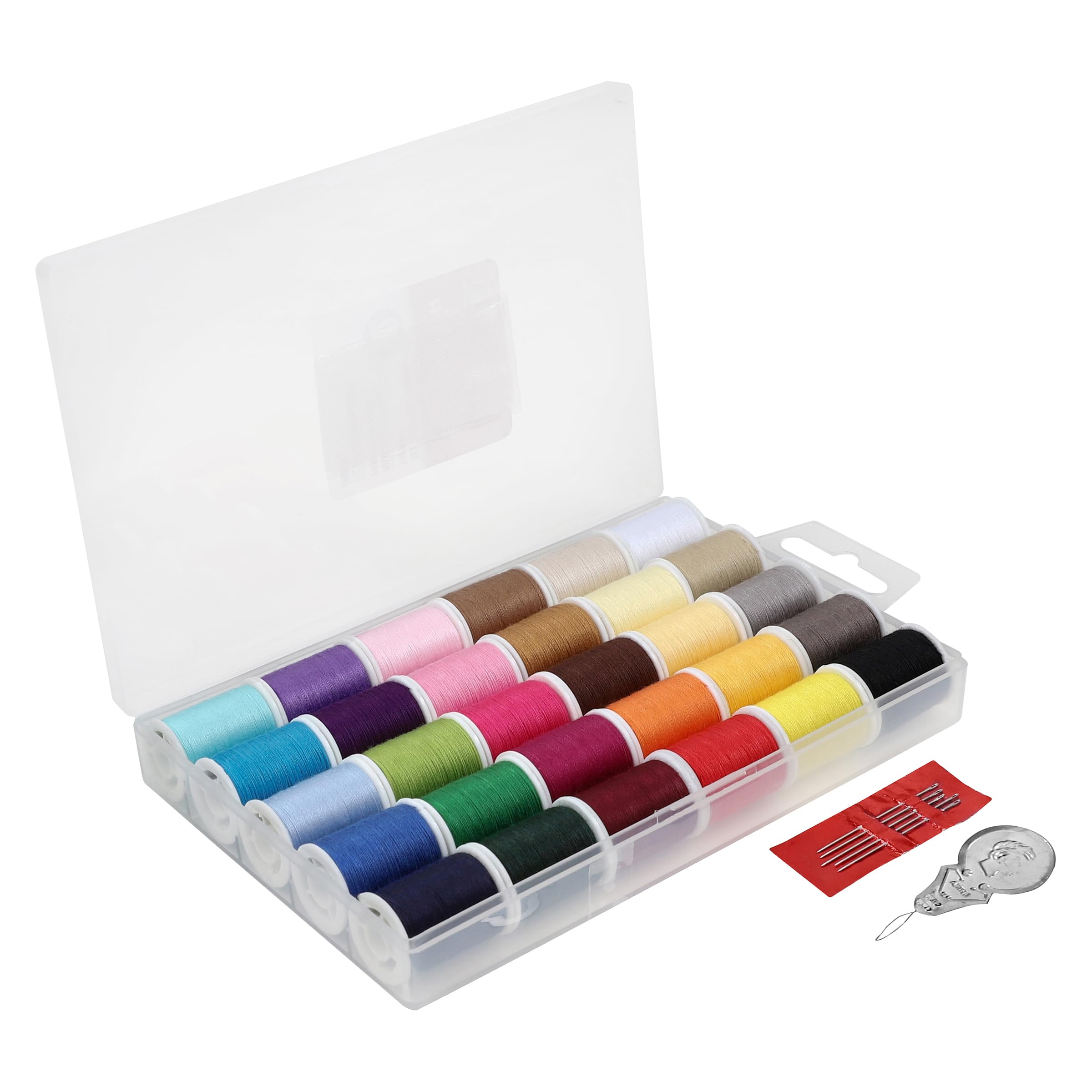 SINGER Polyester Sewing Thread Set - 30 Assorted Colors, 50 Yards per Mini Thread Spool, Sewing Kit Includes 5 Large Eye Hand Needles, 1 Needle Threader, Suitable for Hand and Machine Sewing