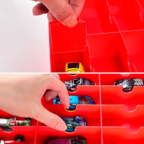 FULLCASE Toys Organizer Storage Compatible with Hot Wheels Car, Container for Matchbox Cars, Mini Toys, Small Dolls, Double Sided Carrying Box for Hotwheels Car- 48 Compartments(Box Only) Red