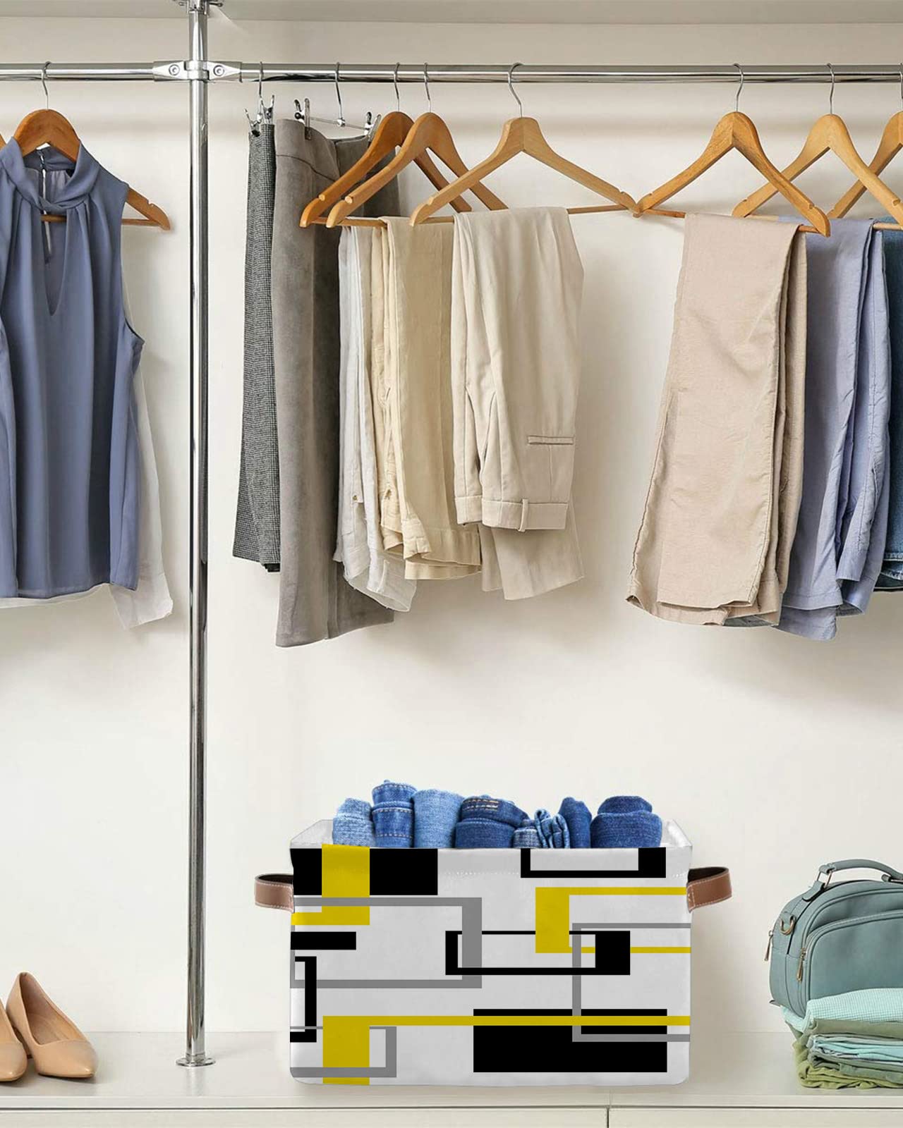 Cube Storage Bins Cloth Towel Organizer Mid Century Abstract Modern Geometric Pattern Square Yellow Black Fabric Collapsible Storage Baskets with Handles 1 Pack