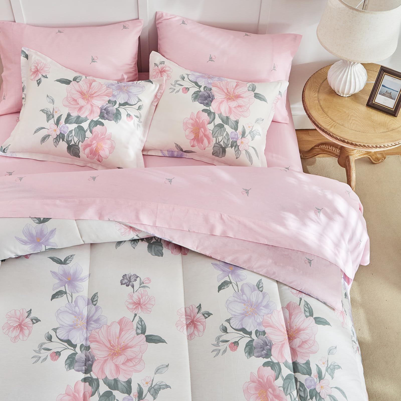 Botanical Bed in a Bag 7 Pieces King Size Cotton Comforter Sheet Set Gray Flowers Leaves Bedding Set (1 Comforter 2 Pillow Shams 1 Flat Sheet 1 Fitted Sheet 2 Pillowcases)