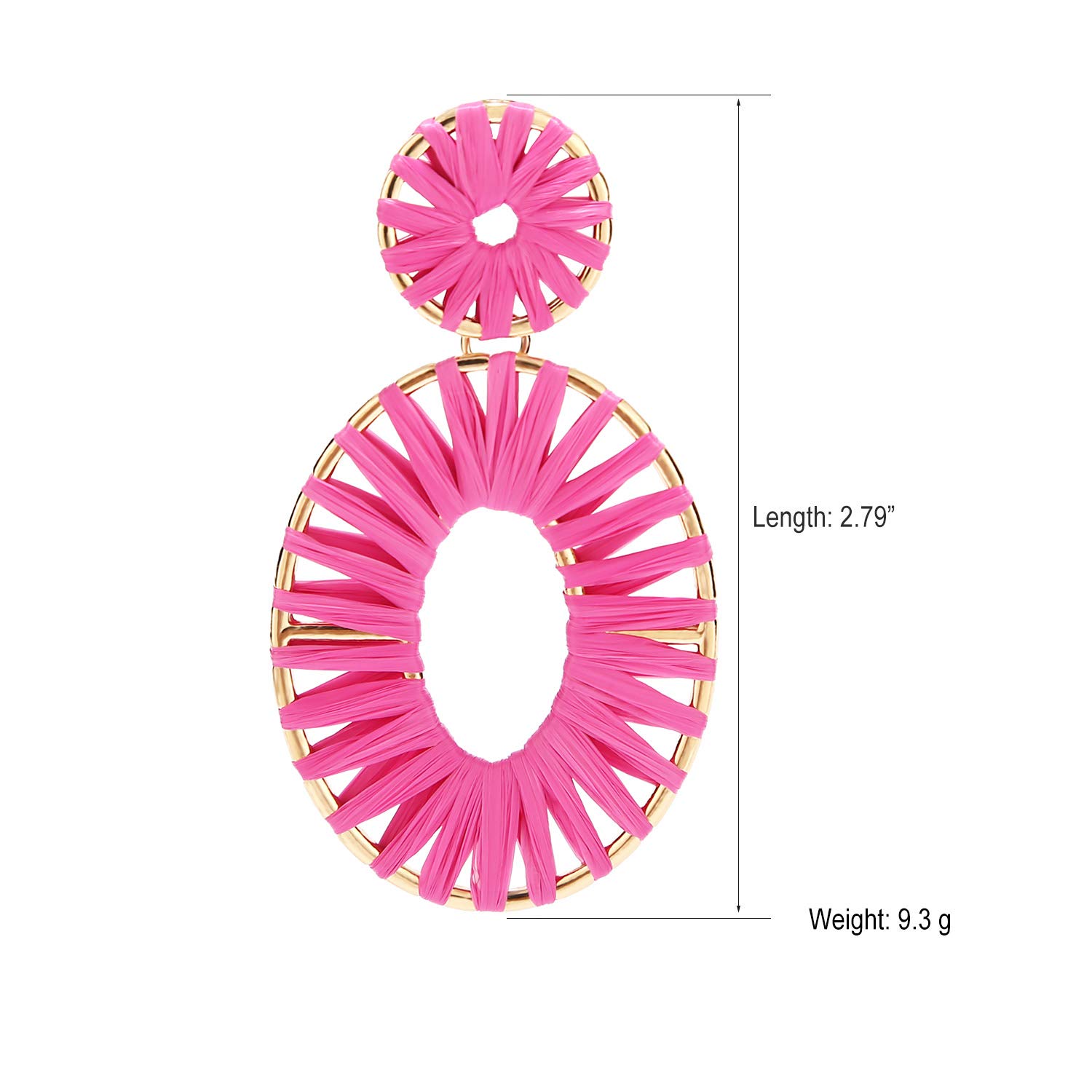 BaubleStar Kiera Raffia Tassel Fringe Rattan Hoop Drop Statement Earrings Hot Pink Tiered Thread Handmade Round Oval Cirle Dangle Fashion Jewelry for Women