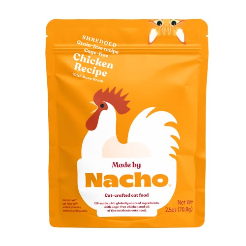 Made by Nacho Wet Cat Food Broth Meal Topper, Cage-Free Shredded Chicken in Bone Broth for Extra Hydration, Limited-Ingredient Sensitive Diet, 24 Pouches 2.5oz