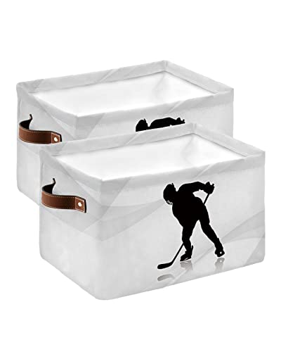 Cube Storage Bins Cloth Towel Organizer Hockey Player Silhouette Black and White Fabric Collapsible Storage Baskets with Handles for Home Office Closet Shelves Toy Nursery 2 Pack