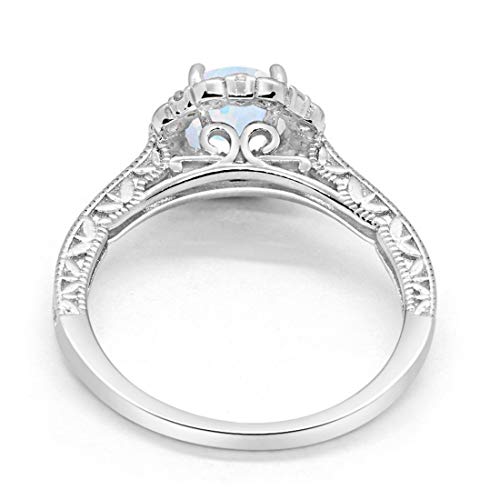Blue Apple Co. Art Deco Filigree Halo Wedding Engagement Bridal Ring Solid Round Created White Opal 925 Sterling Silver, Size-8