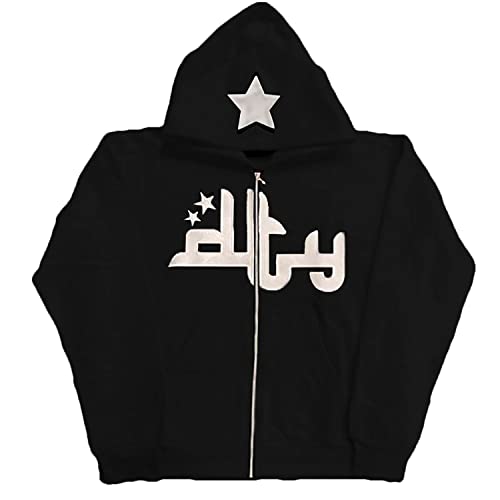 GAI Y2K Full Zip Up Hoodie Women Men Skeleton Skull Gothic Grunge Oversized Aesthetic Sweatshirts Emo Alt Jacket Clothes (L,2-Black)