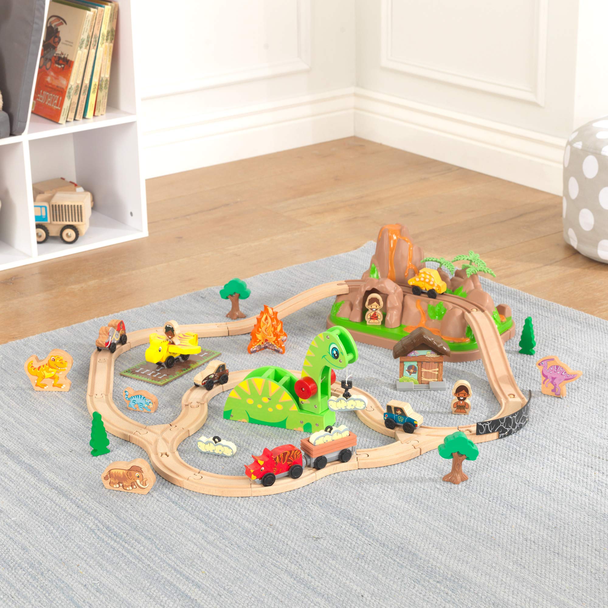 KidKraft Dinosaur Bucket Top Portable Wooden Train Set with 56 Pieces and 9 Feet of Track, Gift for Ages 3+