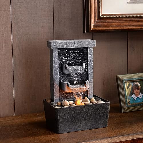 GOSSI Home DΓ©cor 10.3 in Indoor Waterfall Fountain Relaxation High Pressure Water Pumps Tabletop Fountain Nature Feeling Water Fountains with Reflective Lighting/River Rocks Home/Office Decoration
