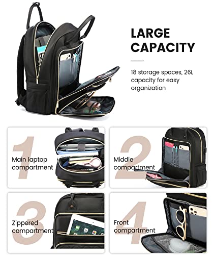LOVEVOOK Laptop Backpack for Women, 15.6 Inch Computer Backpack for Teacher Nurse with Water Resistant, Lightweight Travel Work Backpack with USB Charging Port, Quilted Commuter Backpack purse, Black